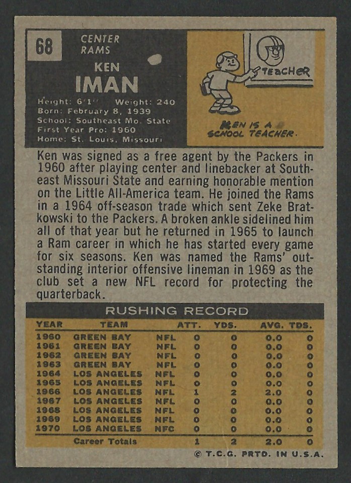 1971 Topps #68 KEN IMAN Los Angeles Rams ROOKIE CARD - EXMT+ to NM | eBay