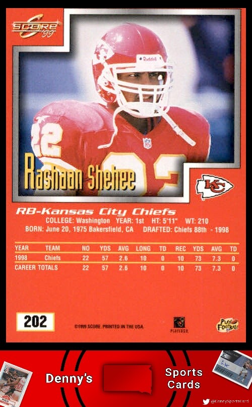 1999 Score #202 Rashaan Shehee Kansas City Chiefs Football Card | eBay