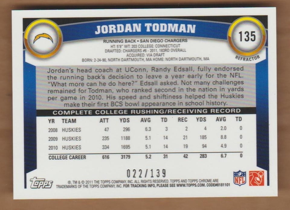 JORDAN TODMAN 2011 Topps Chrome Crystal Atomic Refractor RC Charger ...