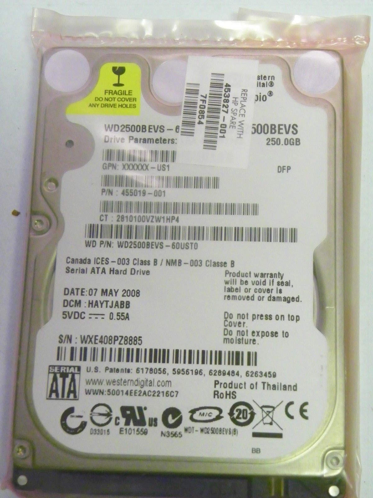 Western Digital WD2500BEVS-60UST0 P/N 455019-001 Laptop 250GB 2.5" SATA ...