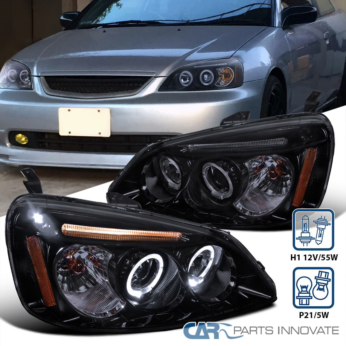 Fits 2001-2003 Honda Civic Halo Smoke Projector Headlights LED Strip ...