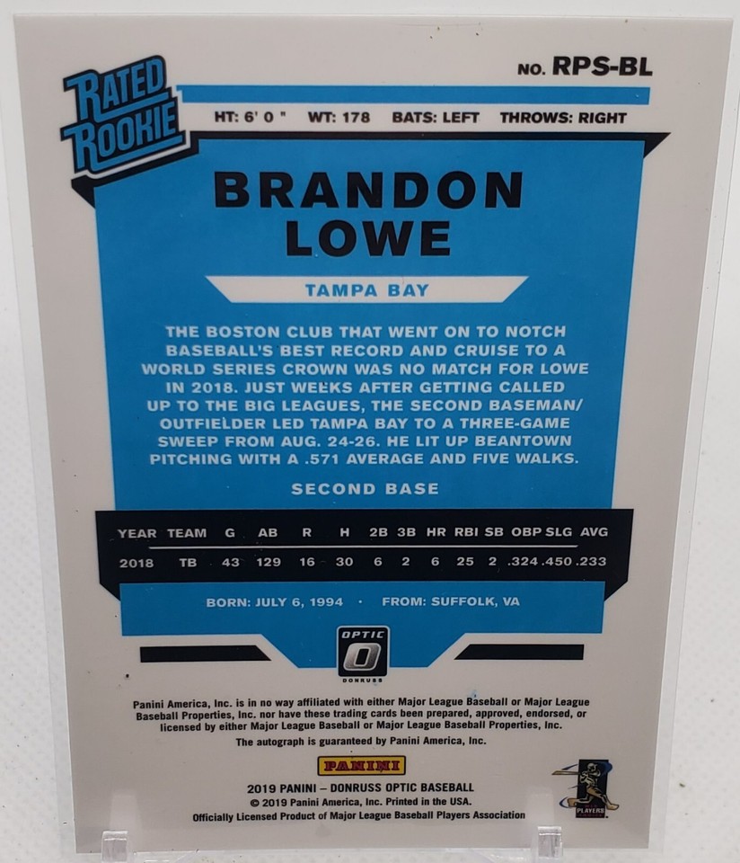 BRANDON LOWE 2019 PANINI DONRUSS OPTIC RATED ROOKIE ON CARD AUTO RC # ...