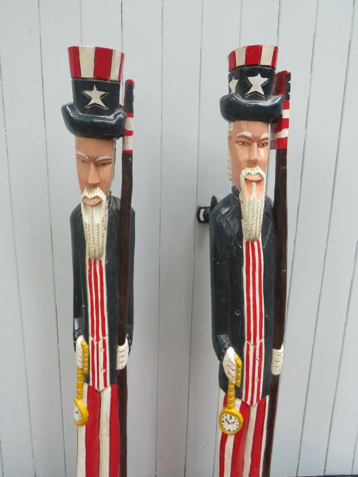 TWO PATRIOTIC HAND CARVED WOODEN AMERICAN USA UNCLE SAM FOLK ART ...