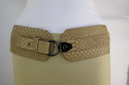 Women Black White Beige Elastic Fashion Belt Snake Skin Wide Faux ...