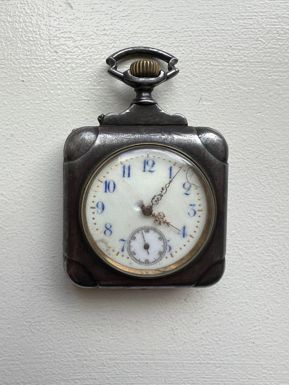 RARE SQUARE ANTIQUE GUN METAL POCKET WATCH - RUNNING - Gem