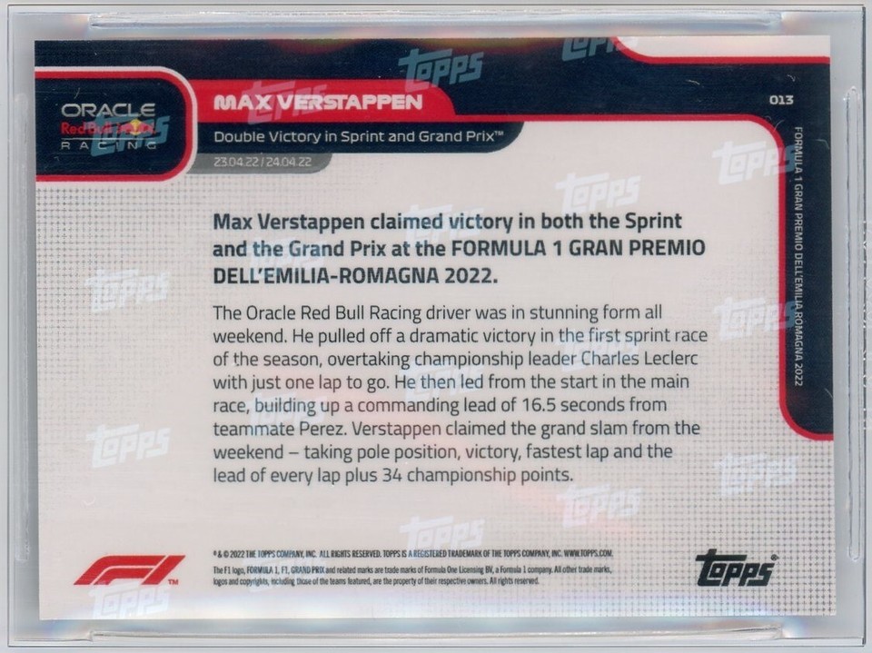 2022 TOPPS NOW FORMULA 1 RED 26/99 PARALLEL #13 MAX VERSTAPPEN BGS ...