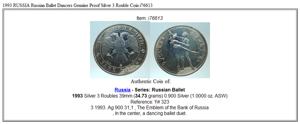 1993 RUSSIA Russian Ballet Dancers Genuine Proof Silver 3 Rouble Coin ...