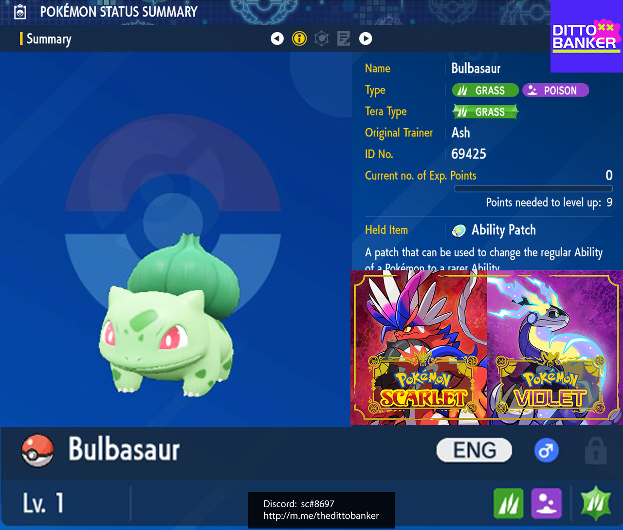 Pokemon Scarlet/Violet SHINY BULBASAUR Lv.1 6IV Modest/with Ability ...