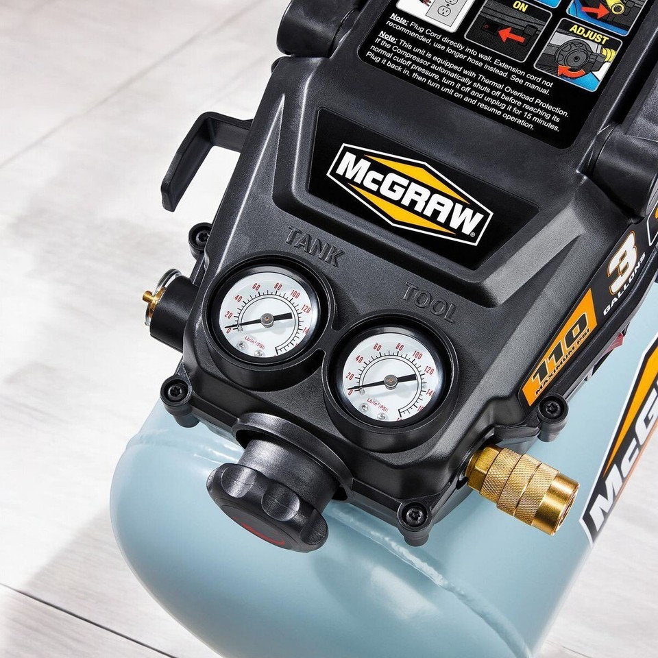MCGRAW 3 Gallon Hotdog Air Compressor 1/3 HP 110 PSI Low Profile Oil ...