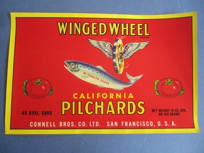 Old Vintage - WINGED WHEEL - Pilchards - Can CASE LABEL - San Francisco ...