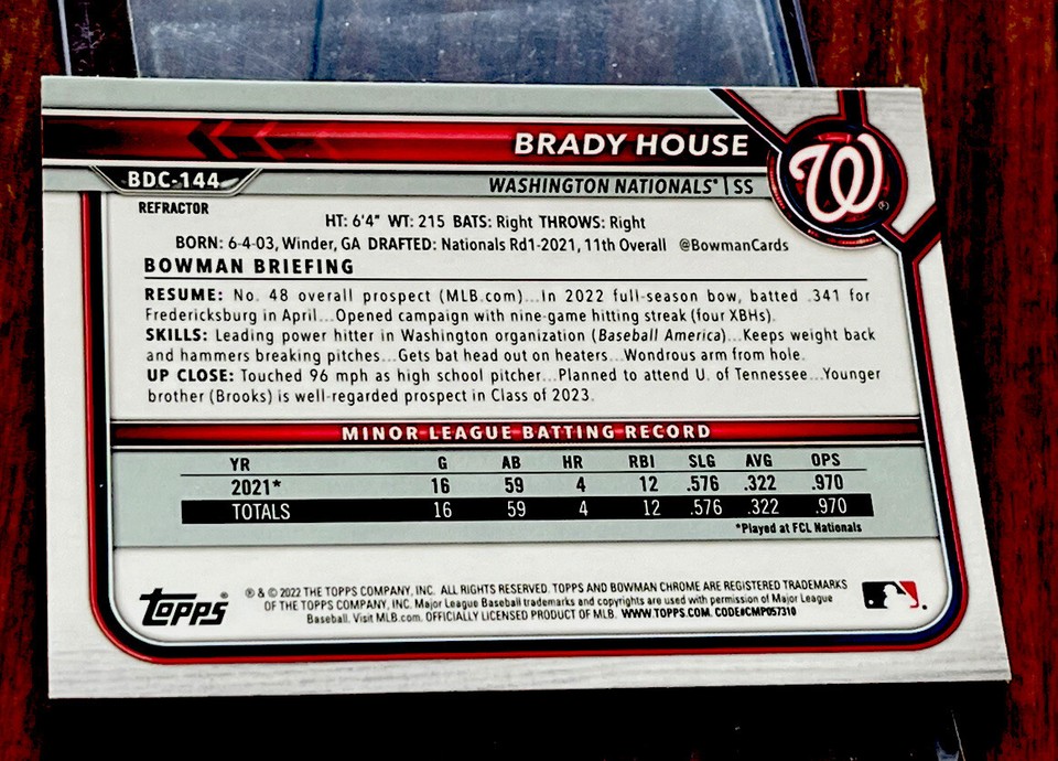 Brady House 2022 Bowman Draft Chrome REFRACTOR # BDC-144, Nationals | eBay