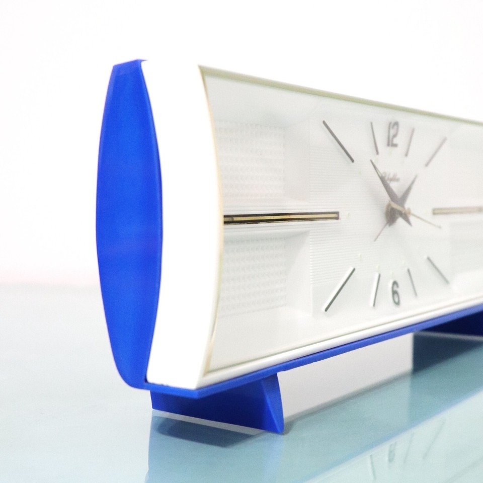 RHYTHM nr 1566 Alarm Mantel Clock Vintage CURVED Glass Blue White XXL ...