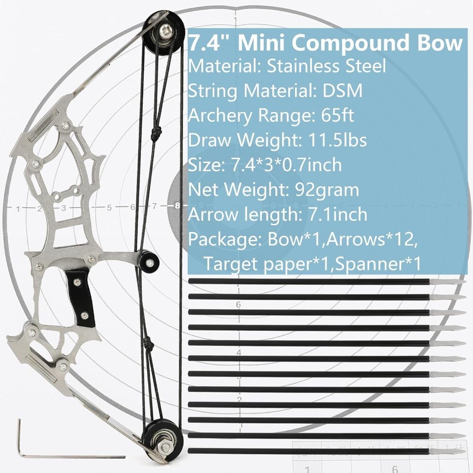 7.4inch Mini Compound Bow Stainless Steel Includes 12 Arrows and Target ...