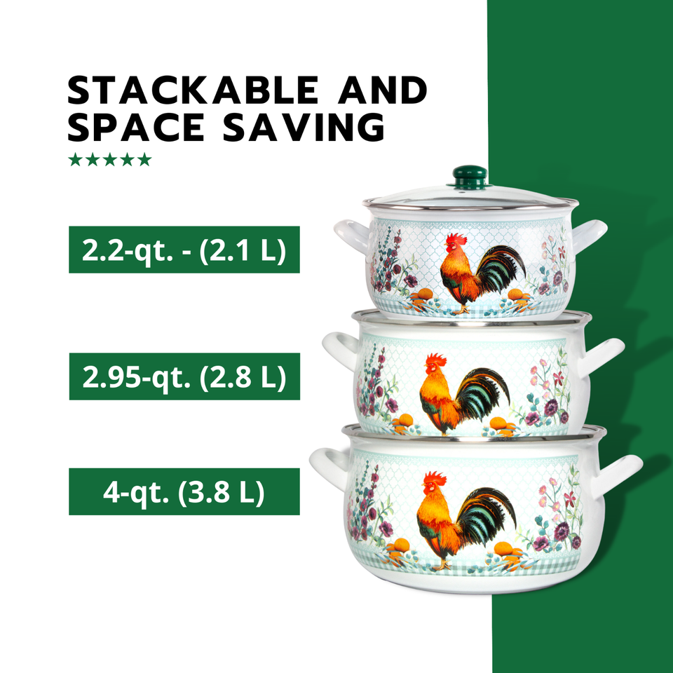 3 pc ROOSTER Enamel Stockpot Set (2qt 4qt 6.5qt Cooking Pots) Enameled ...