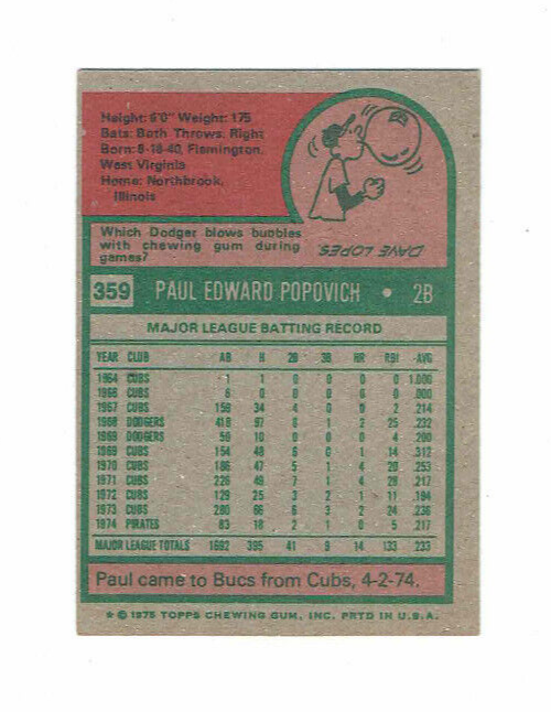 Paul Popovich Pittsburgh Pirates 2B #359 Topps 1975 #Baseball Card | eBay
