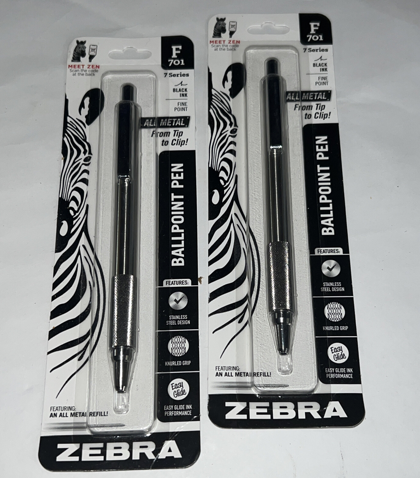 Lot of 2 - Zebra F-701 All Metal Stainless Steel Ballpoint Pen Knurled ...
