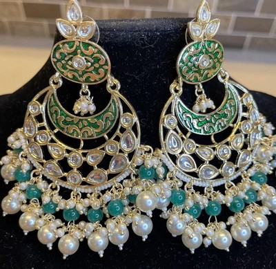 Bollywood Style Big Bali with Dangling Pearls Green | eBay