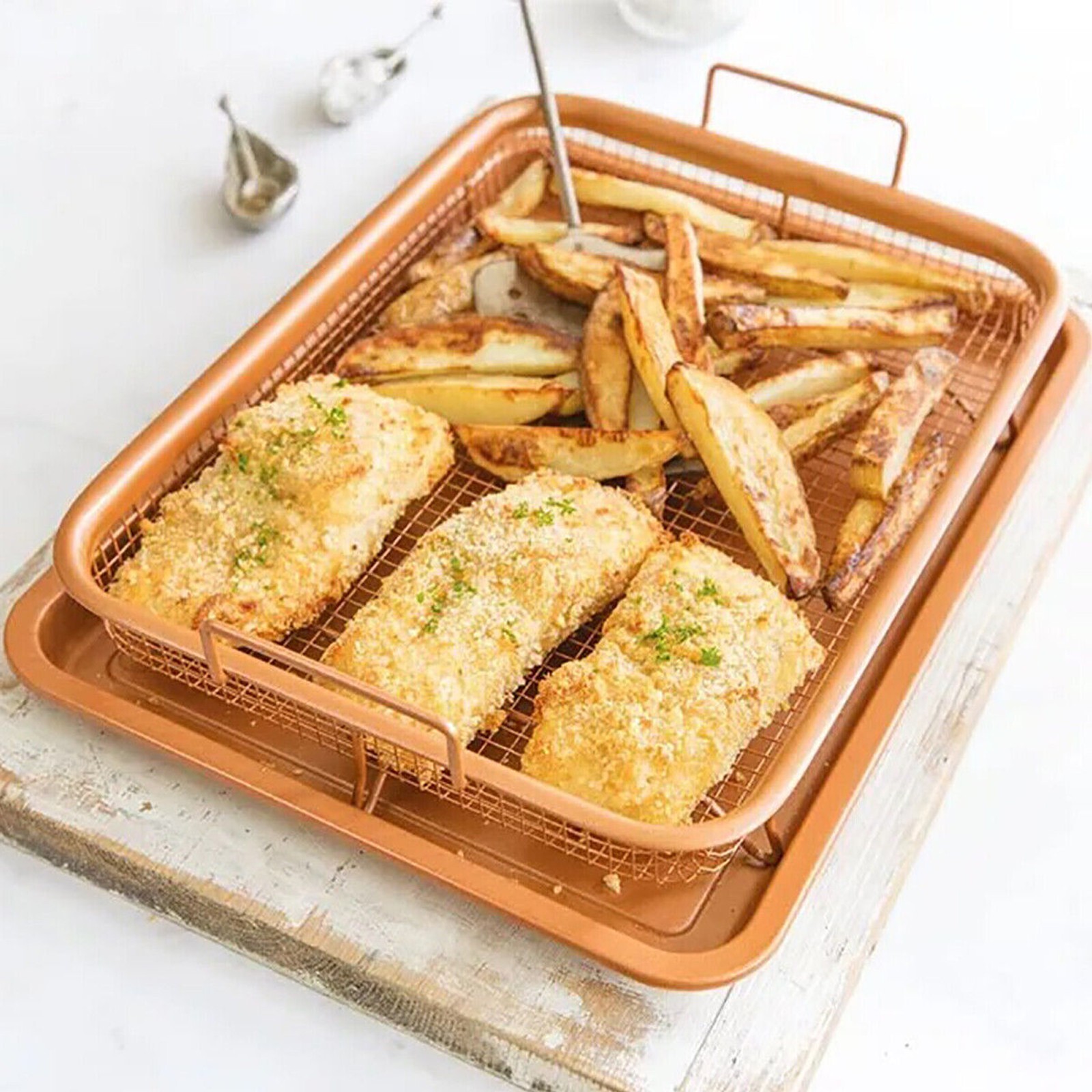 2 Pcs Copper Crisper Non-stick Oven Mesh Baking Tray Chips Crisp Basket ...