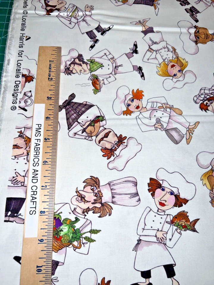 Loralie Happy Chef Tossed Chefs on White 100% cotton fabric by the yard ...