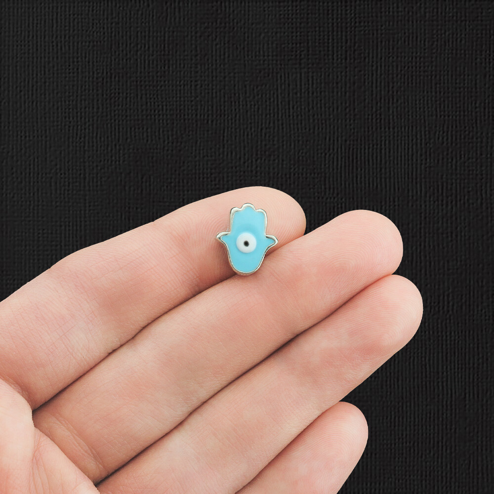 Hamsa Hand Spacer Bead 13mm - Silver Tone and Blue Enamel - 2 Beads ...