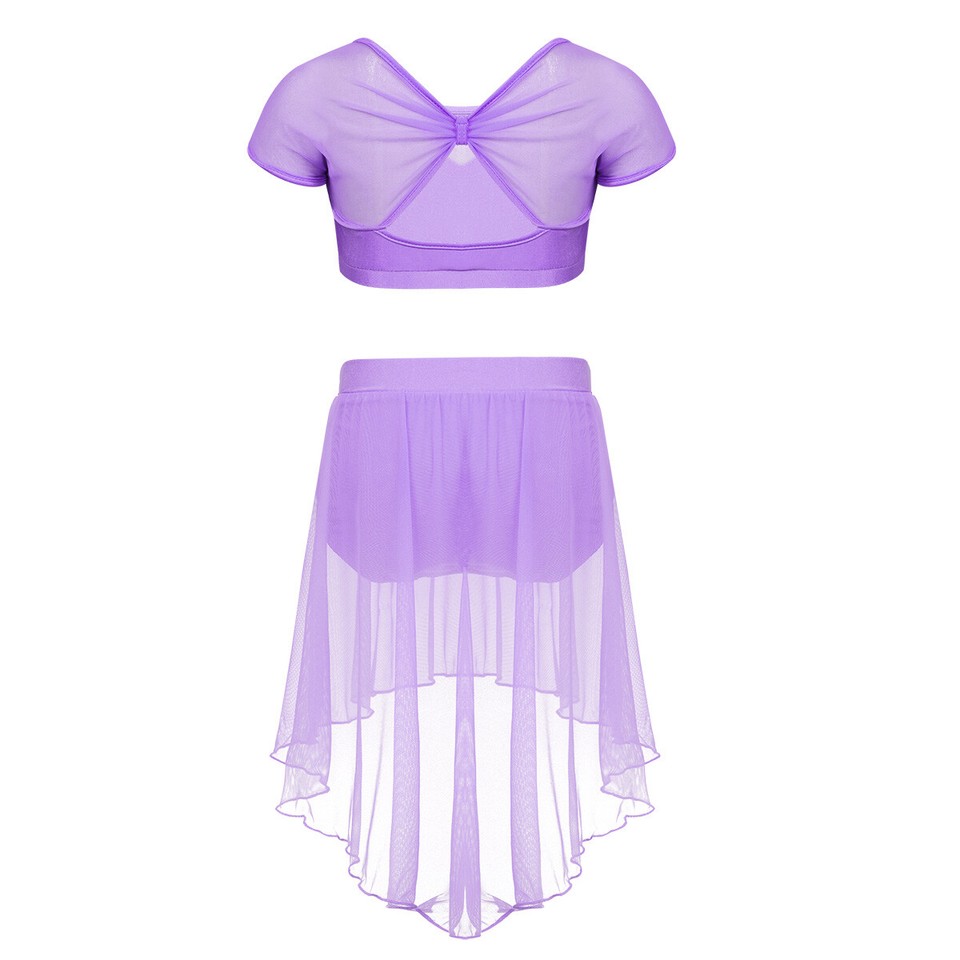 Girls 2Pcs Lyrical Dance Dress Crop Top+Mesh Skirt Ballet Gym Dancewear ...