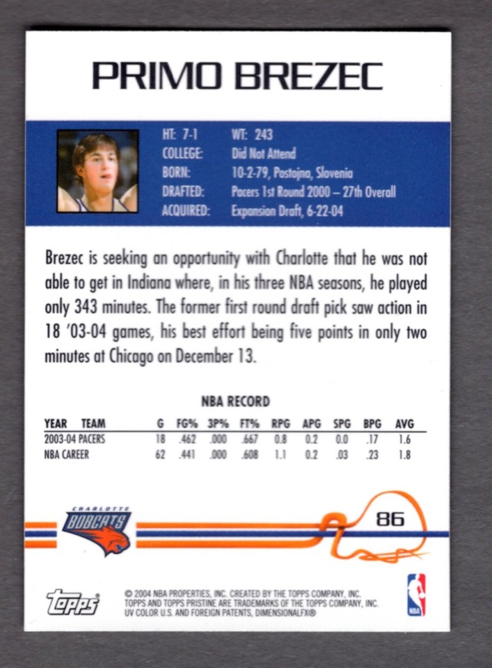2004-05 TOPPS PRISTINE PRIMO BREZEC CARD #86 **NM-MT** CHARLOTTE ...