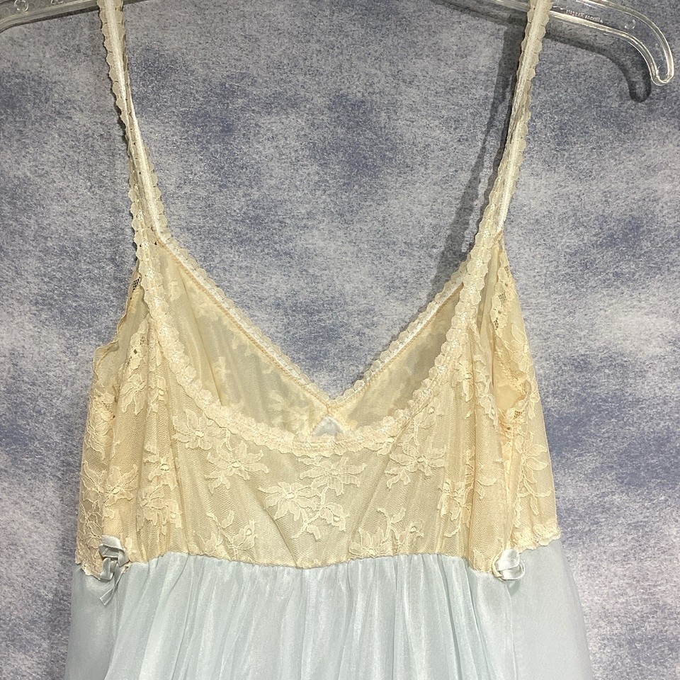 VTG Vanity Fair Sheer Chiffon Negligee Blue Ecru Lace Sz 38 Long Gown | eBay