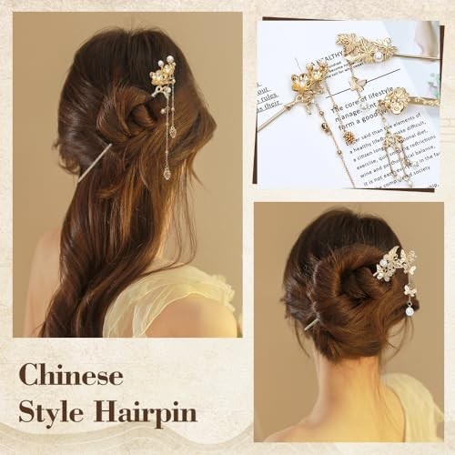 10 Pack Retro Gold Metal Long Hair Sticks Pins with Pearl Jade Dangles ...