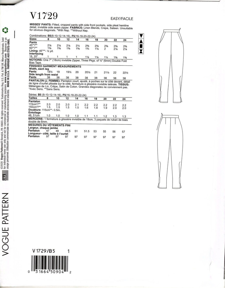 Vogue V1729 Misses 8 to 16 Designer Rachel Comey Fitted Crop Pants ...