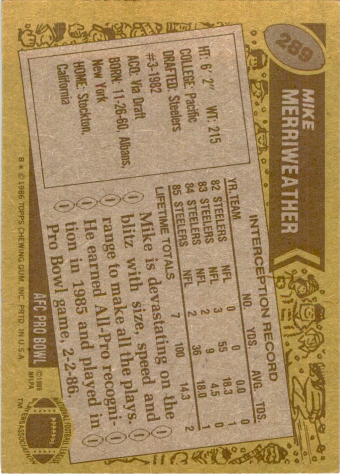 1986 TOPPS} MIKE MERRIWEATHER PITTSBURGH STEELERS #289 | eBay