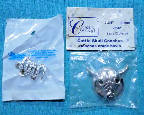 TWO 1.75" Cattle Skull Conchos & Snake Rivet Concho Silver Plate Retro ...