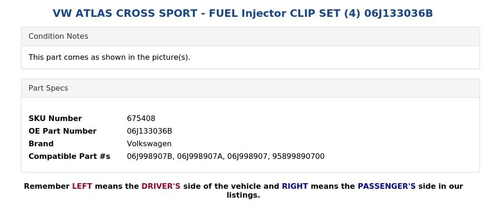VW ATLAS CROSS SPORT - FUEL Injector CLIP SET (4) 06J133036B | eBay