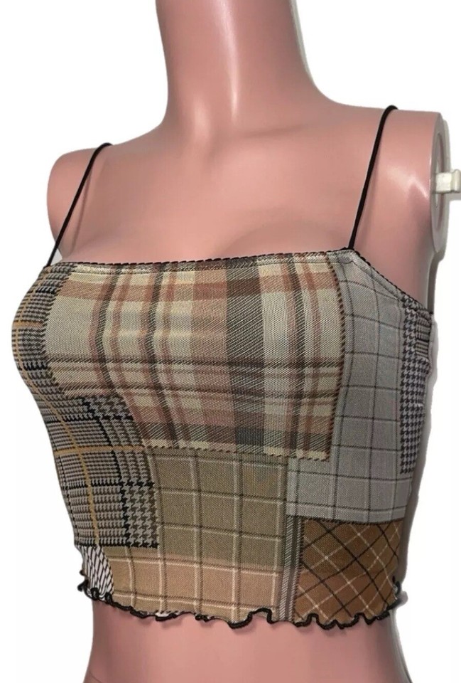 Brown Plaid Grunge Crop Top Boho Patchwork Raver Stretch Speg Straps ...