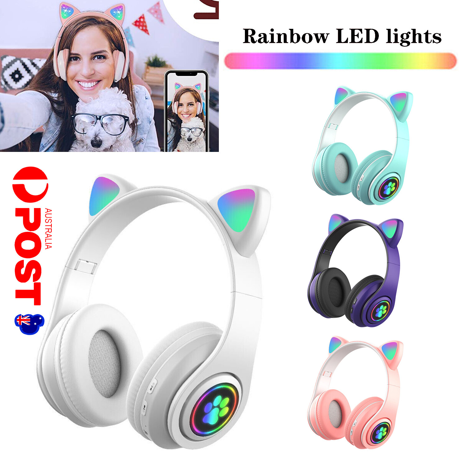 Bluetooth 5.0 Wireless Headphones Cat Ear LED Light Earphone Headset ...