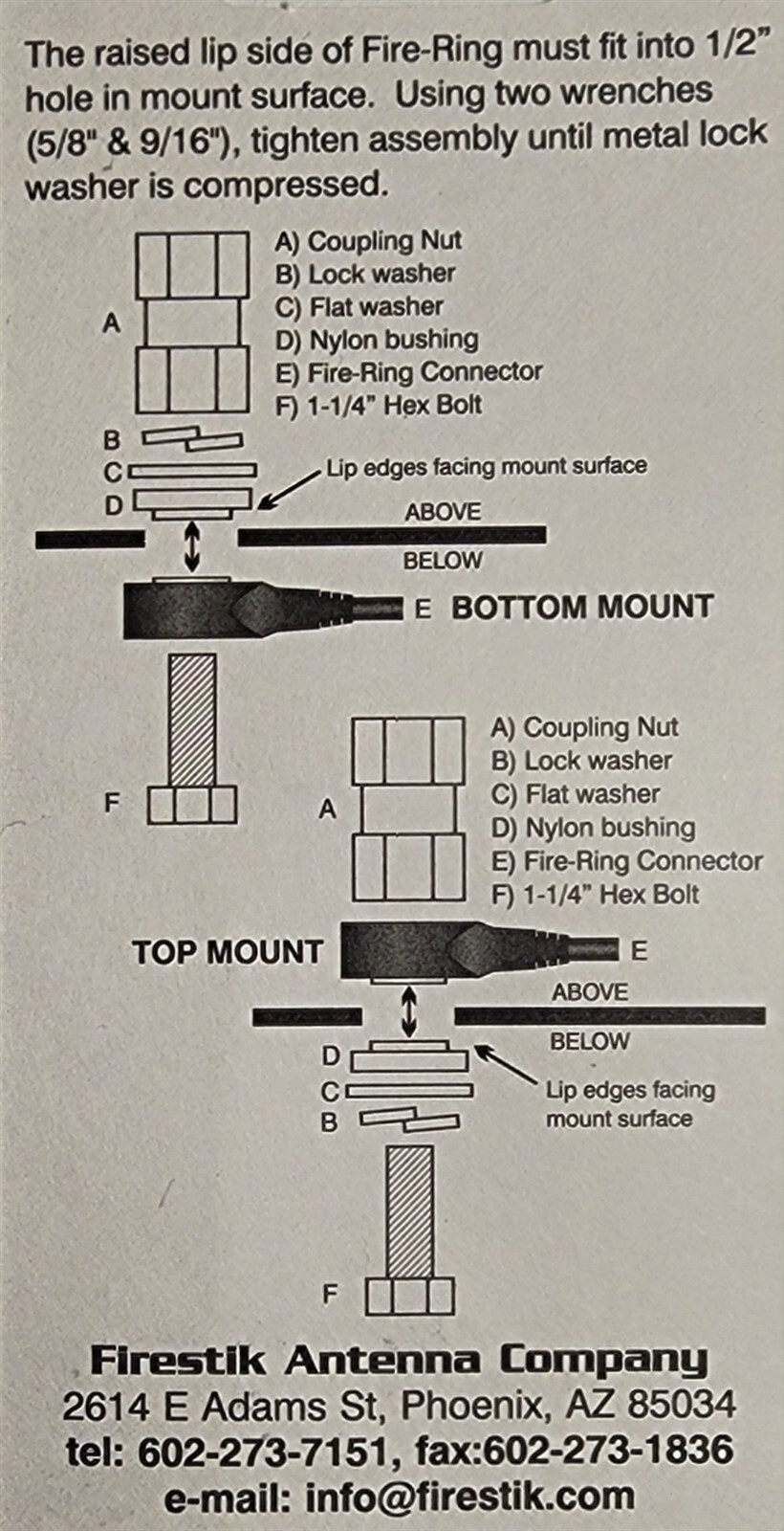 Firestik K-4R CB Radio Antenna Cable Fire Ring Stud Mount Connector ...