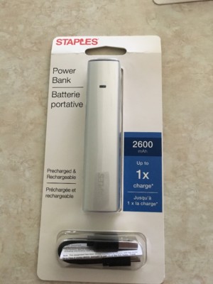 Staples Power Bank 2600 mAh with charge usb cord NIB SILVER precharged ...
