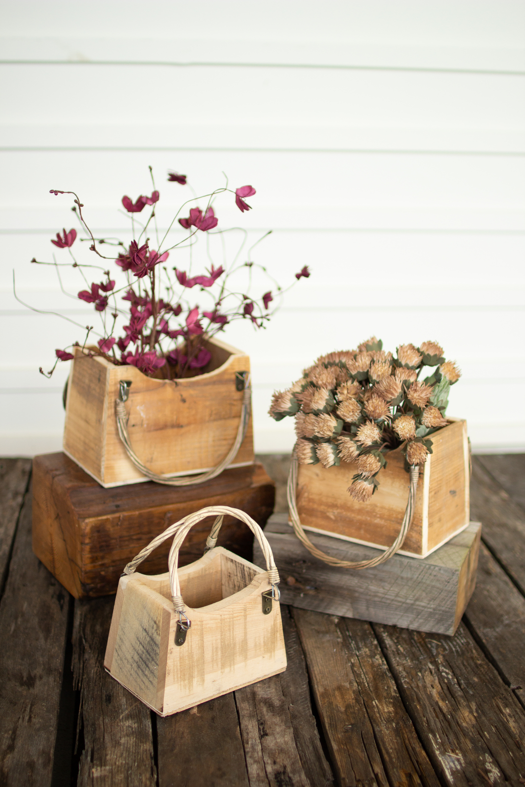 Rustic Recycled Wood Handbag Tote Planter Set 3 Vintage Style Storage ...