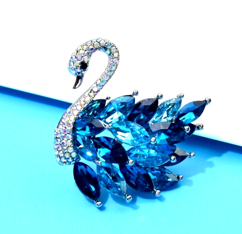 Brooch Pins Silver Swan Bird Encrusted Blue Crystals Gems Rhinestones ...