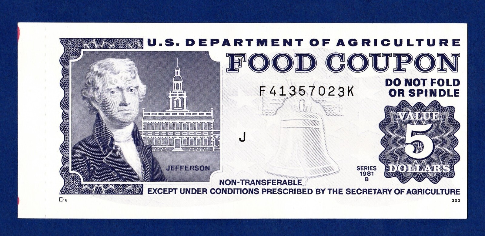 VALUE $5.00 FOOD STAMPS COUPON 1981 B F41357023K M/C J SCRIP USDA TOKEN ...