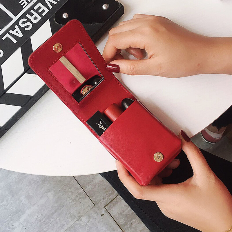 Genuine Leather Portable Lipstick Cosmetic Bag With Mirror Mini Makeup ...