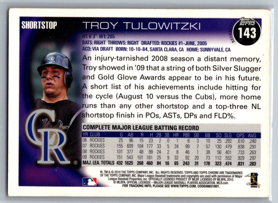 2010 Topps Chrome #143 Troy Tulowitzki Refractor Colorado Rockies MLB ...