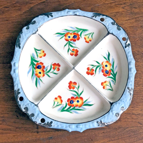 4 Section Serving Plate Candy Blue Rim Silver Accents Ceramic 9" Japan ...