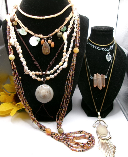 SEMI PRECIOUS STONE & CRYSTAL SHELL PENDANT NECKLACE LOT~VINTAGE TO NOW ...
