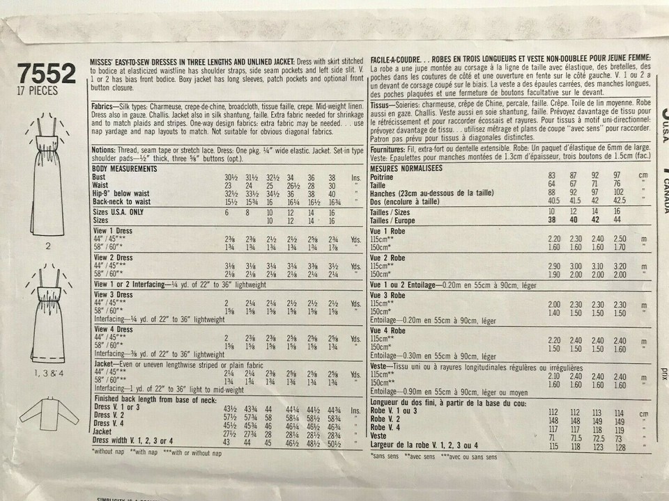 1980's VTG Simplicity Misses' Dress and Jacket Pattern 7552 Size 6-10 ...