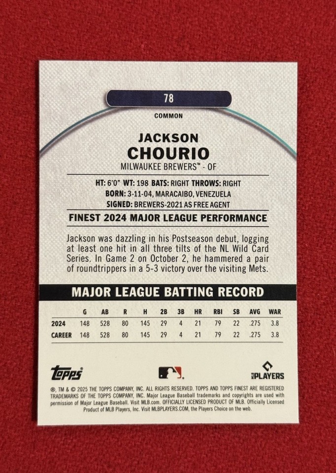 2025 Topps Finest Jackson Chourio Common #78 Checkerboard X-fractor ...