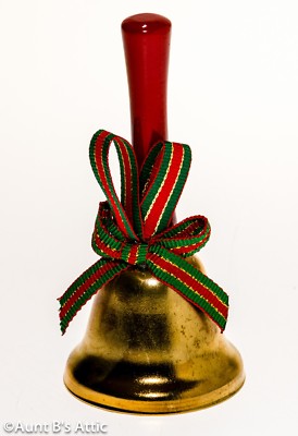 Santa Hand Bell Small Brass Bell W/ Red Wooden Handle & Holiday Ribbon ...