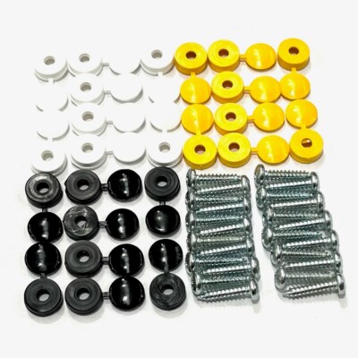 48 x NUMBER PLATE CAR FIXING FITTING KIT SCREWS & CAPS HINGED BLACK ...