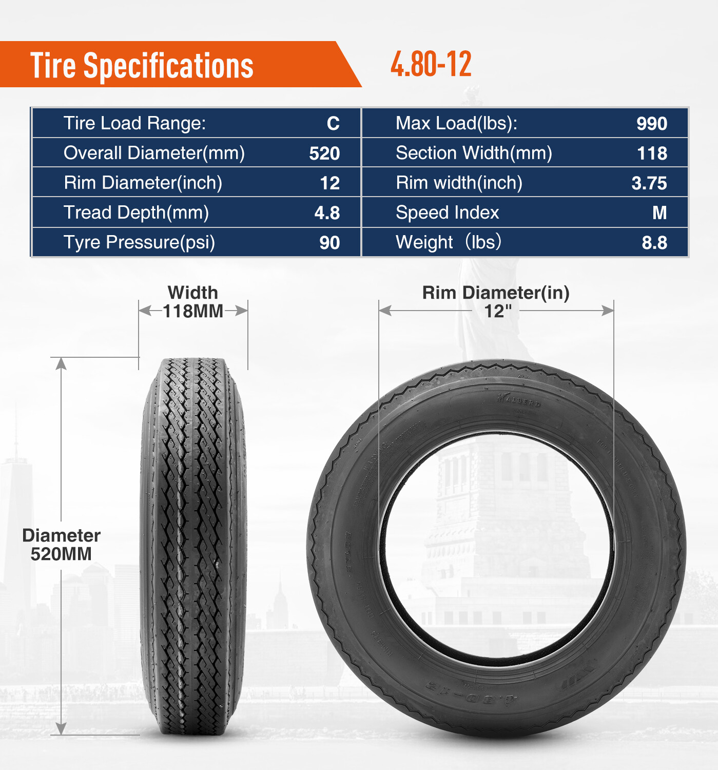 Premium 4.80-12 Boat Trailer Tire 6PR 4.80x12 480-12 4.8/12 Heavy Duty ...