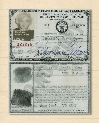 1954 Marilyn Monroe U.S. Department of Defense Identification Card 8x10 ...