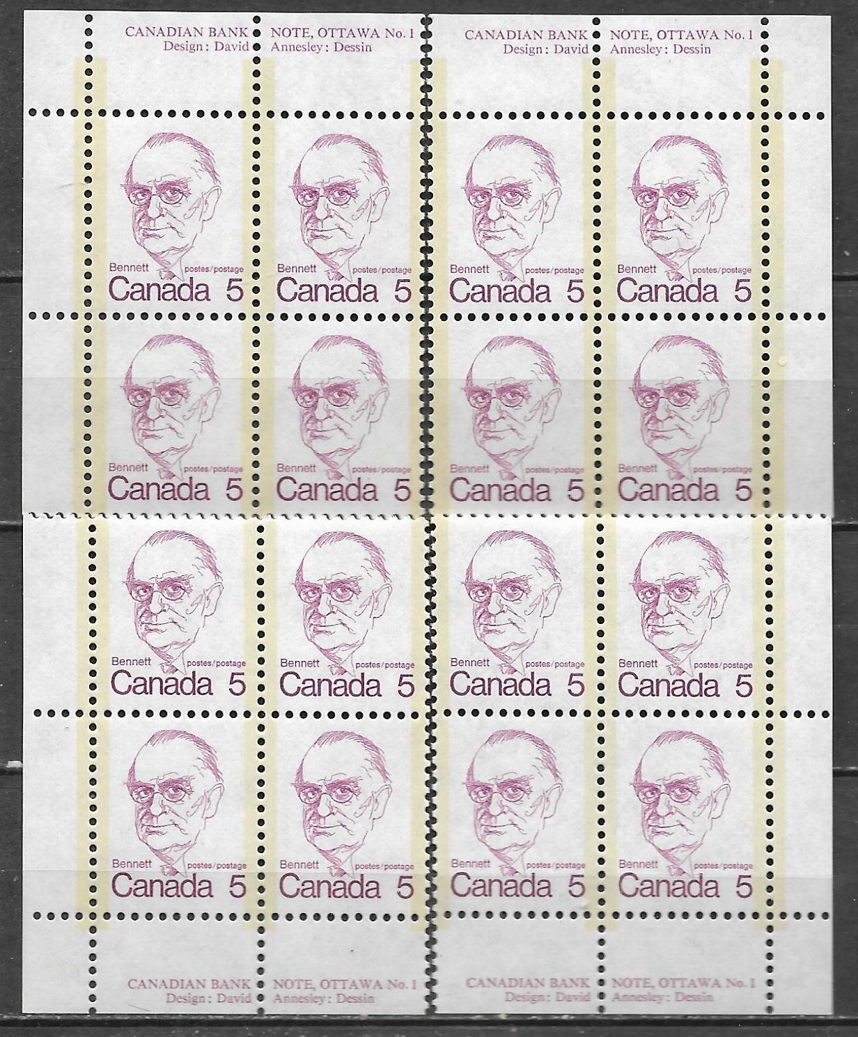pk07046:Stamps-Canada #590 Richard B Bennett 5 cent Plate 1 Block Set ...